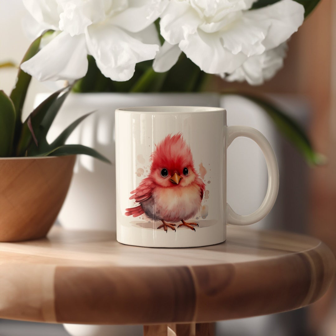 Cute Fluffy Cardinal Chick Watercolor Ceramic Mug, Adorable Baby ...