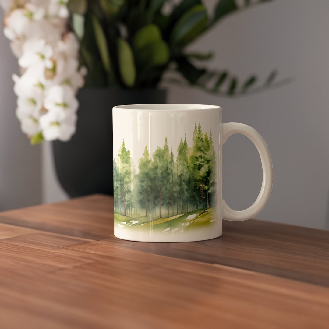 Watercolor Green Forest Trees Ceramic Mug, Watercolor Forest Pines ...