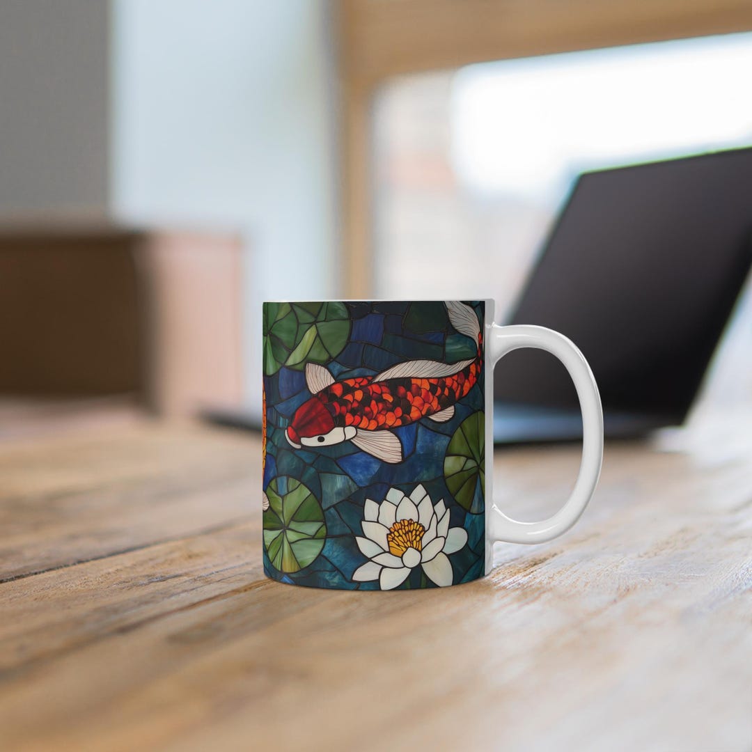 Faux Stained Glass Koi Fish Mug, Colorful Koi Pond Ceramic Mug, Gift ...