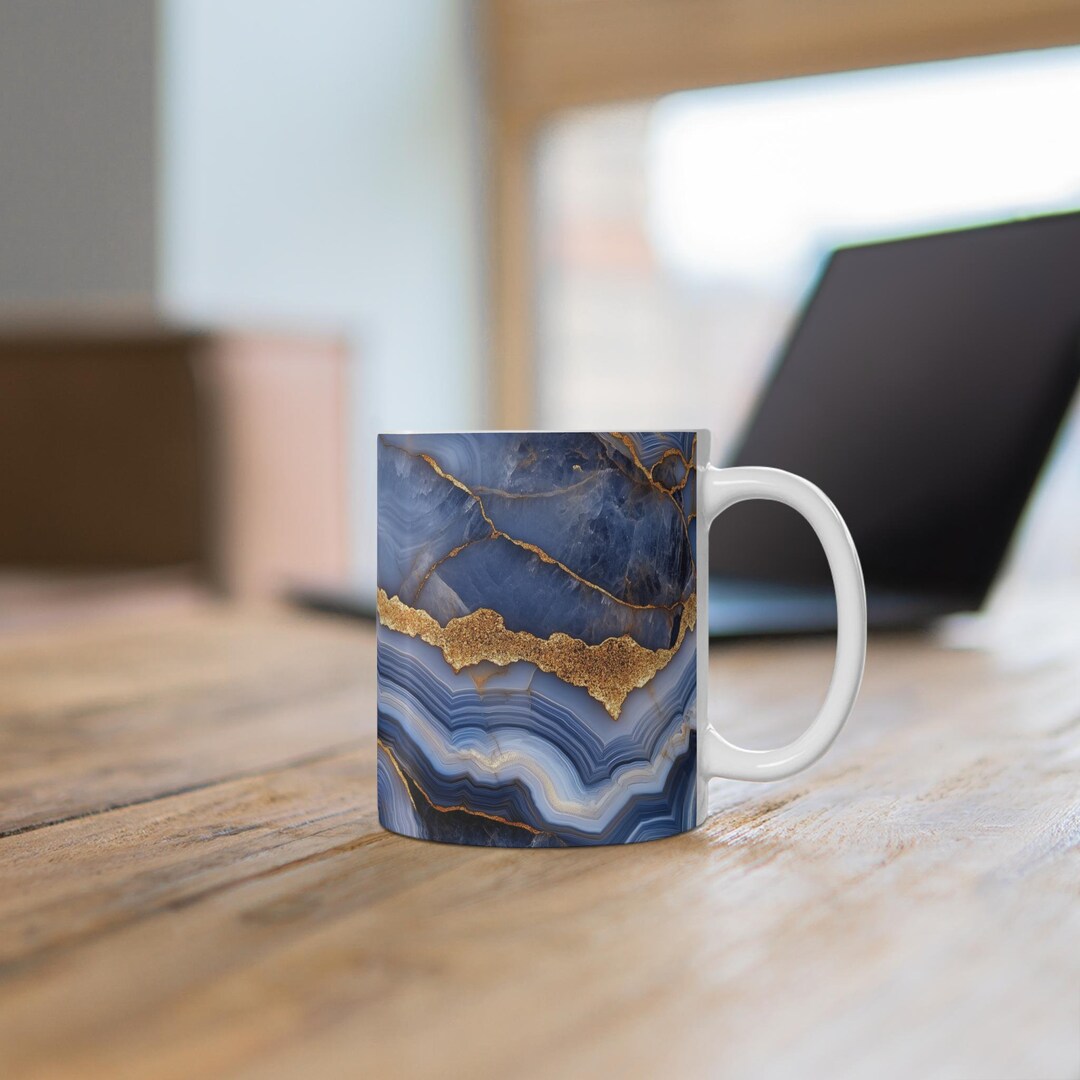 Blue Marble Ceramic Mug, Blue White & Gold Agate Coffee Cup, Blue Geode ...