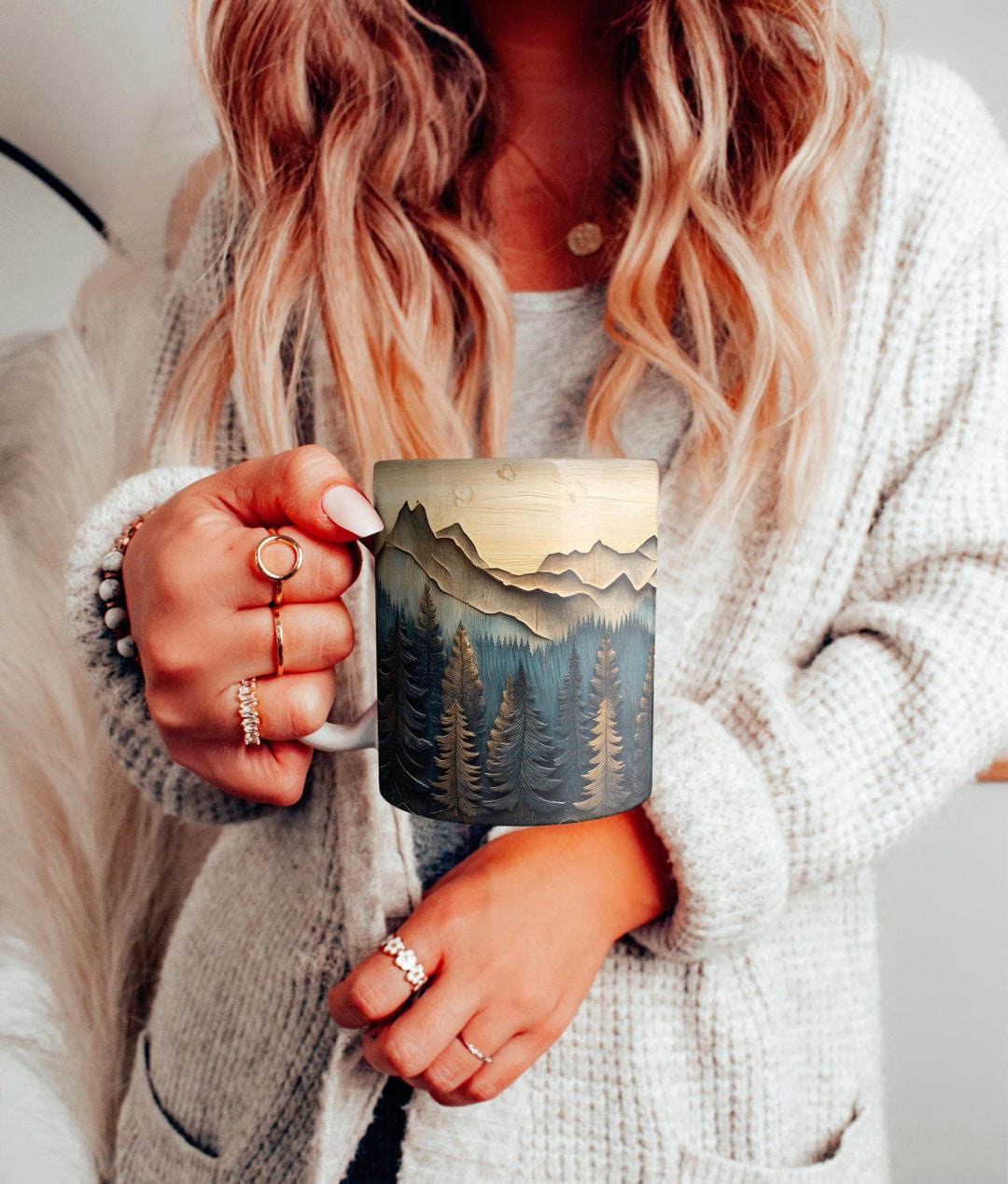 Carved Wood Style Mountain Range Ceramic Mug, Beautiful Mountain ...