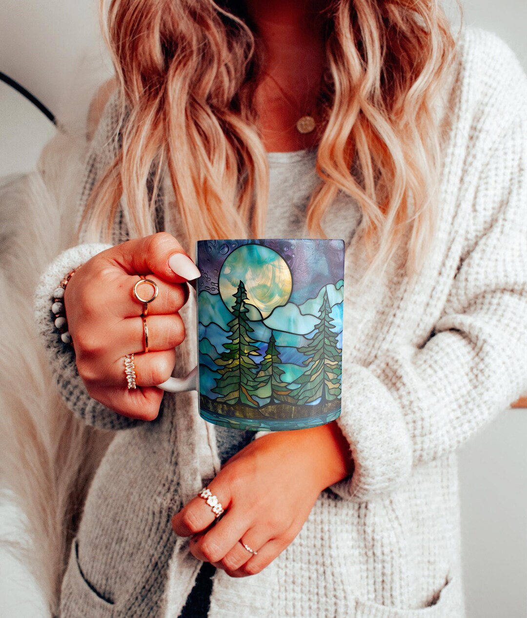 Beautiful Stained Glass Style Moonlit Night Ceramic Mug, Forest Moon ...
