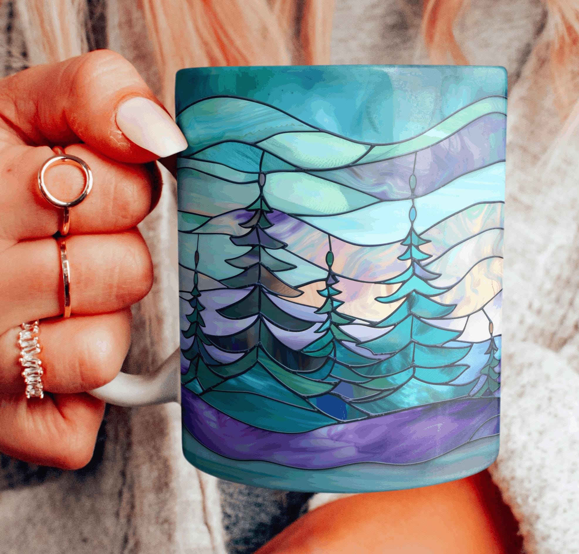 Colorful Forest Sky Ceramic Mug, Vibrant Sky Coffee Cup, Northern ...