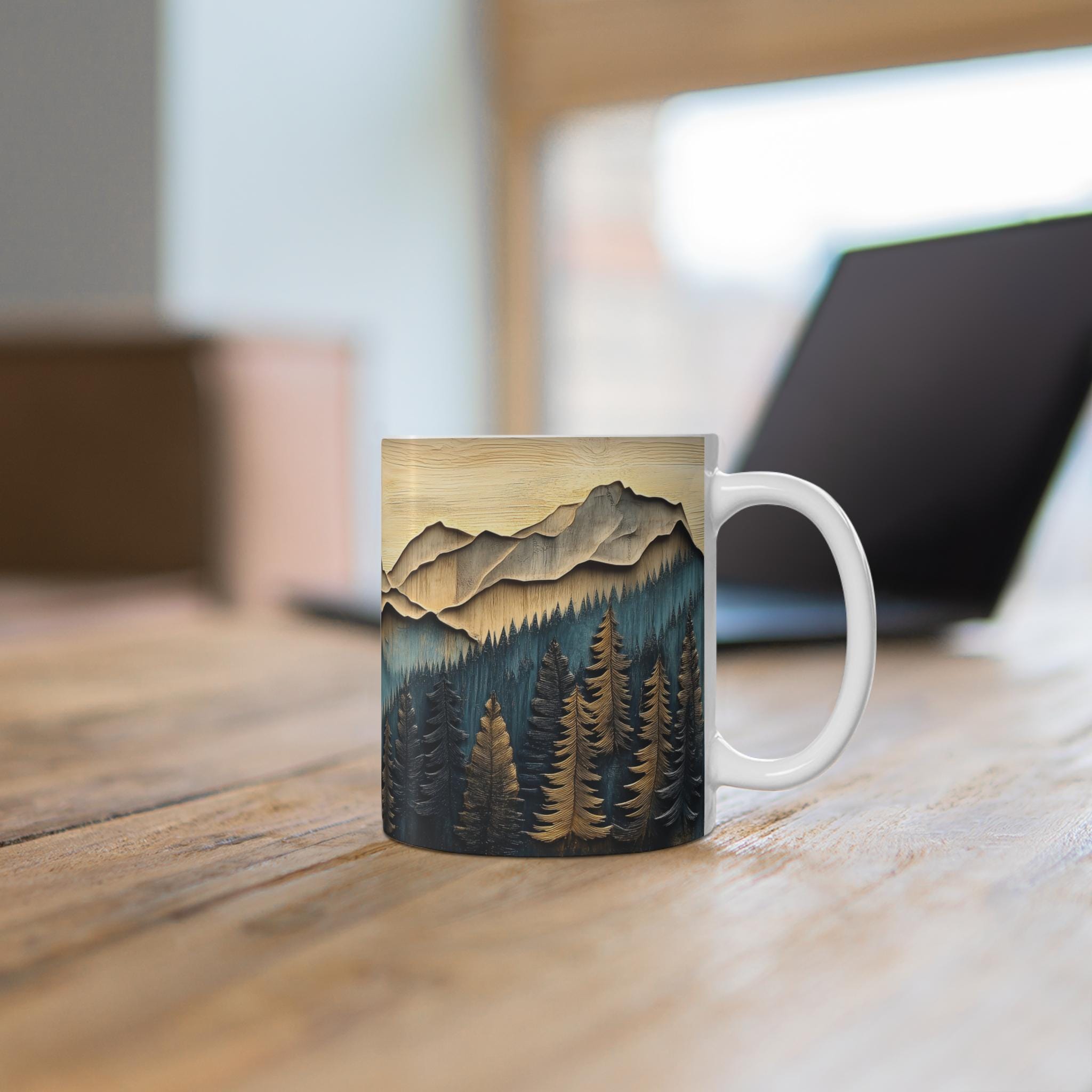 Forest Landscape Ceramic Mug, Rustic Mountain Pines Printed Coffee Cup ...