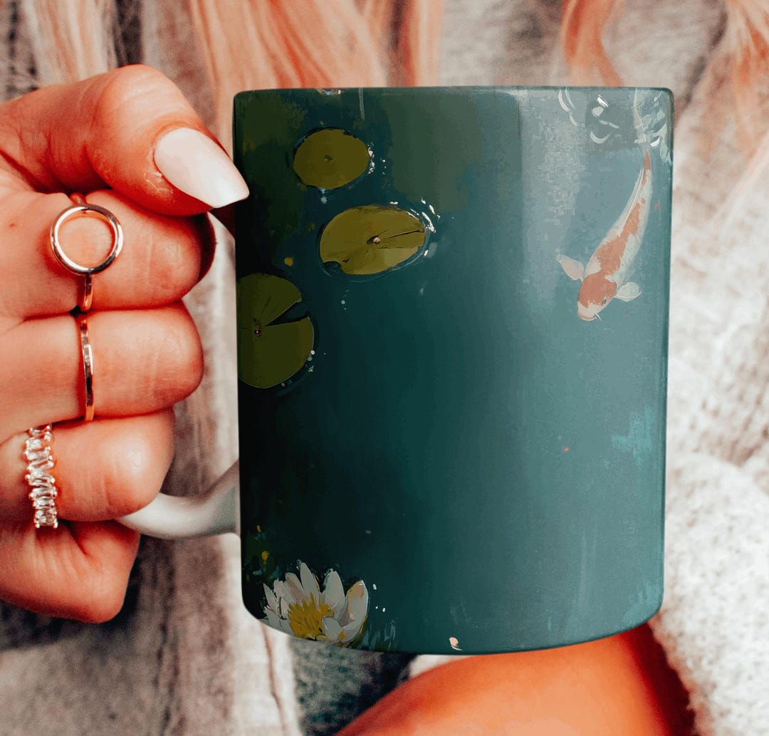 Japanese Koi Pond Ceramic Mug, Beautiful Koi Painting Coffee Cup ...