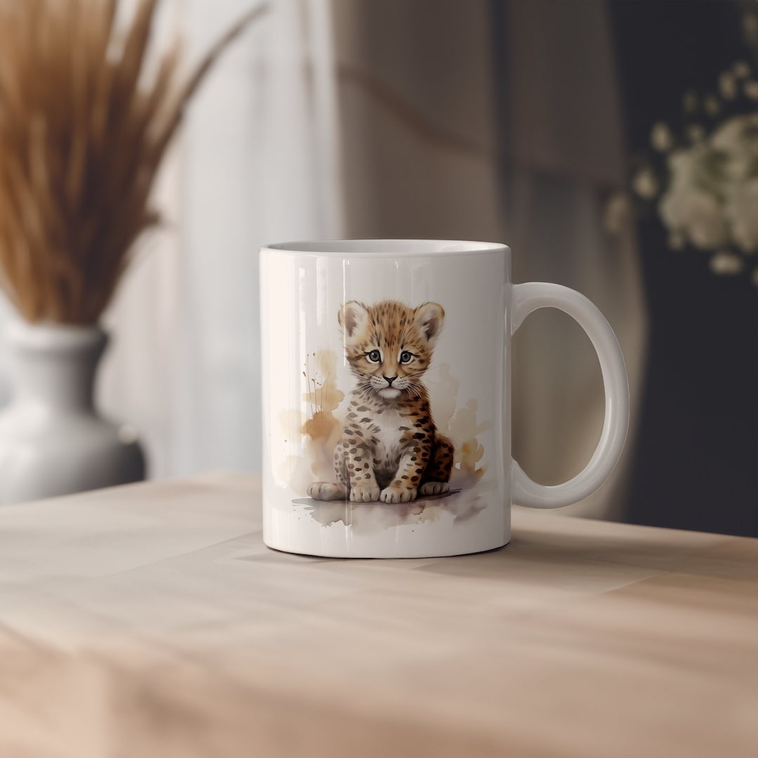 Cute Cheetah Cub With Flowers Watercolor Ceramic Mug, Adorable Baby ...