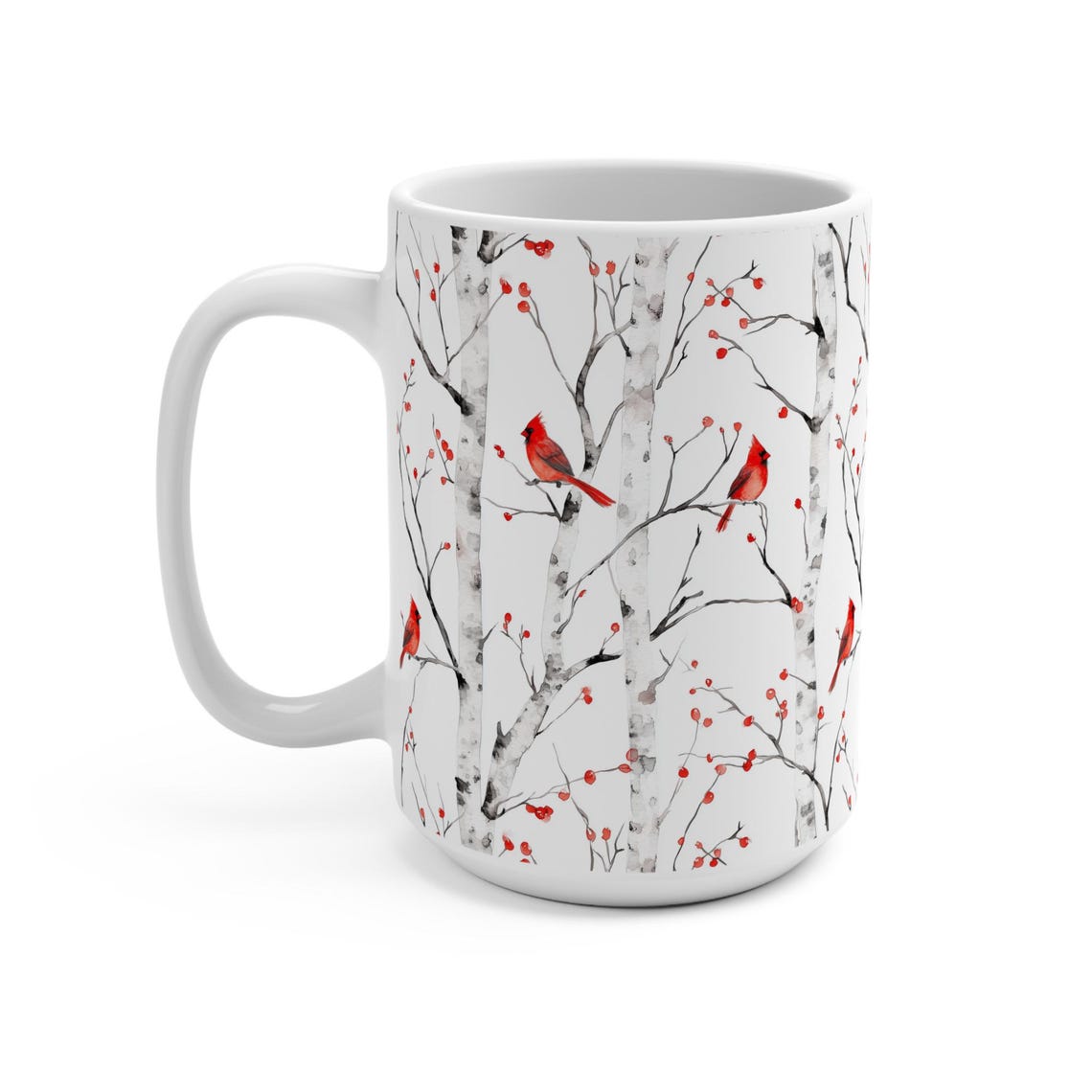 Birch Tree Cardinals Mug, Beautiful Red Cardinals in Aspen Branches ...