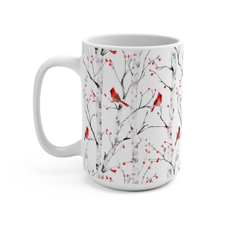 Birch Tree Cardinals Mug, Beautiful Red Cardinals in Aspen Branches ...