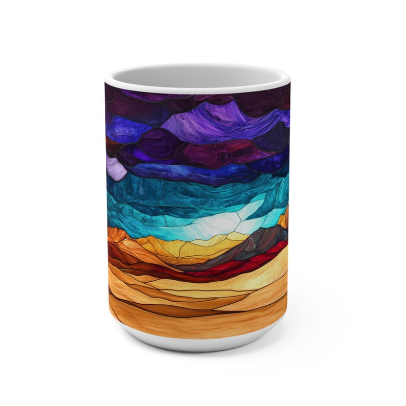 Faux Stained Glass Desert Landscape Ceramic Mug, Colorful Purple Sky ...