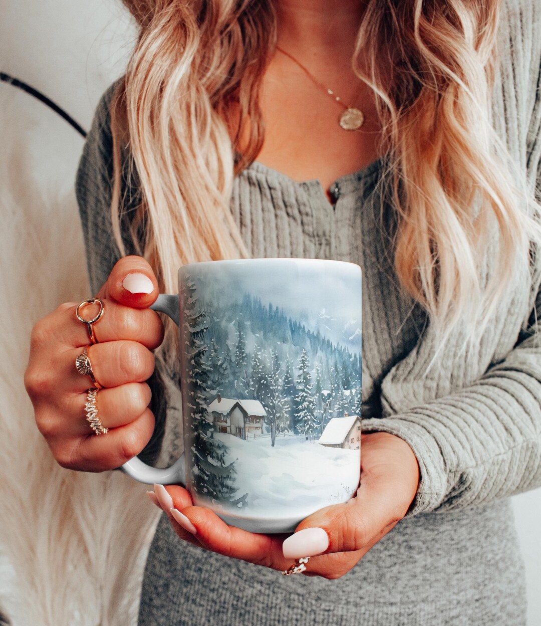 Snowy Christmas Village Mug, Watercolor Winter Scenery Coffee Cup, Cute ...
