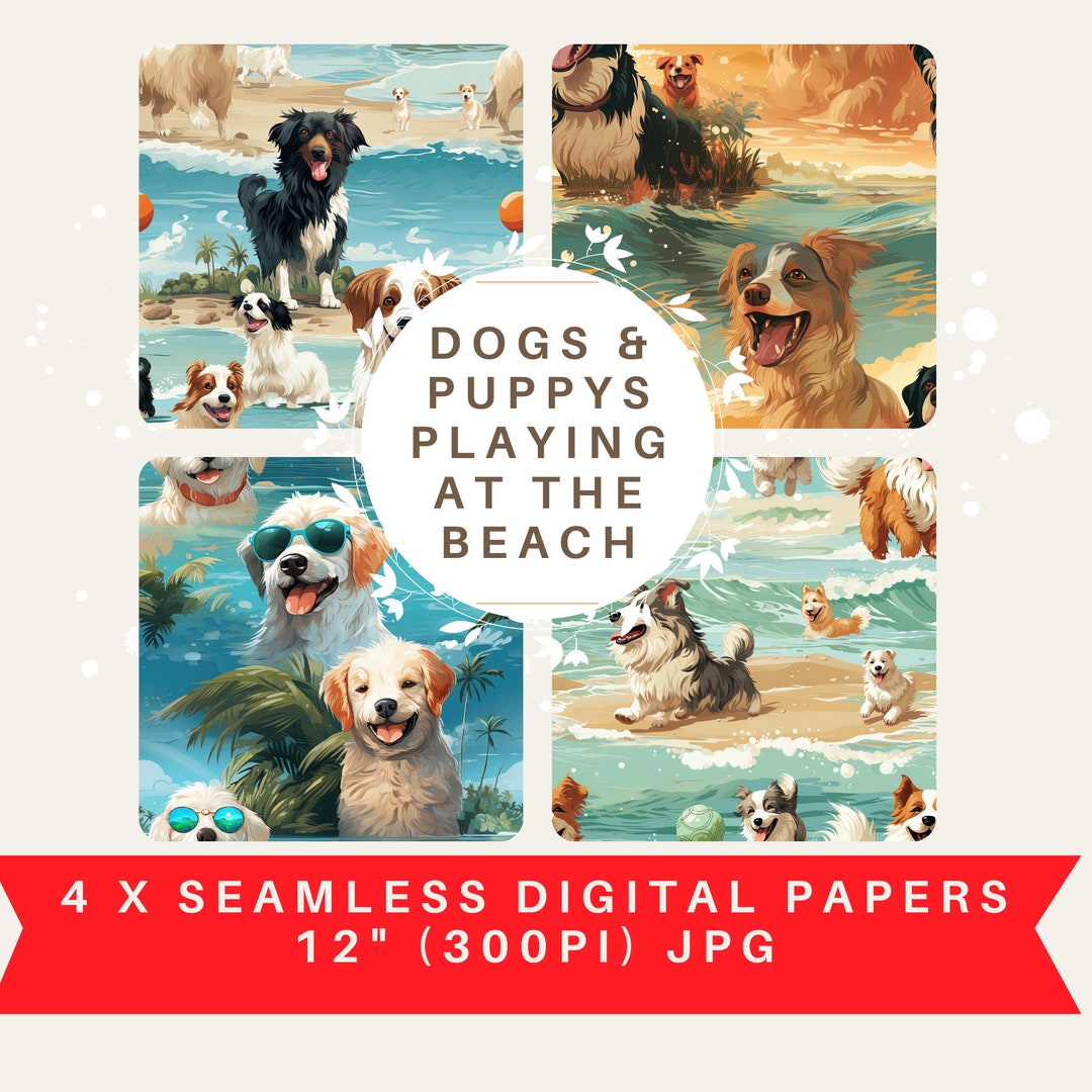 Dogs and Puppies Playing at the Beach Digital Paper, Seamless Pattern ...