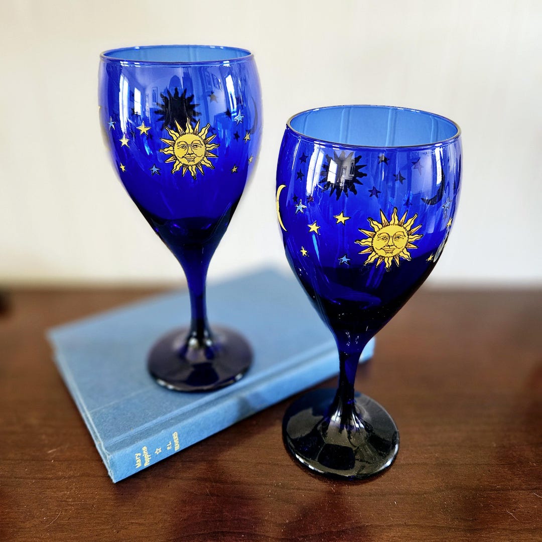 Libby Celestial Sun Moon & Stars Cobal Blue Stem Wine Glass Set of 2 Vintage - Etsy