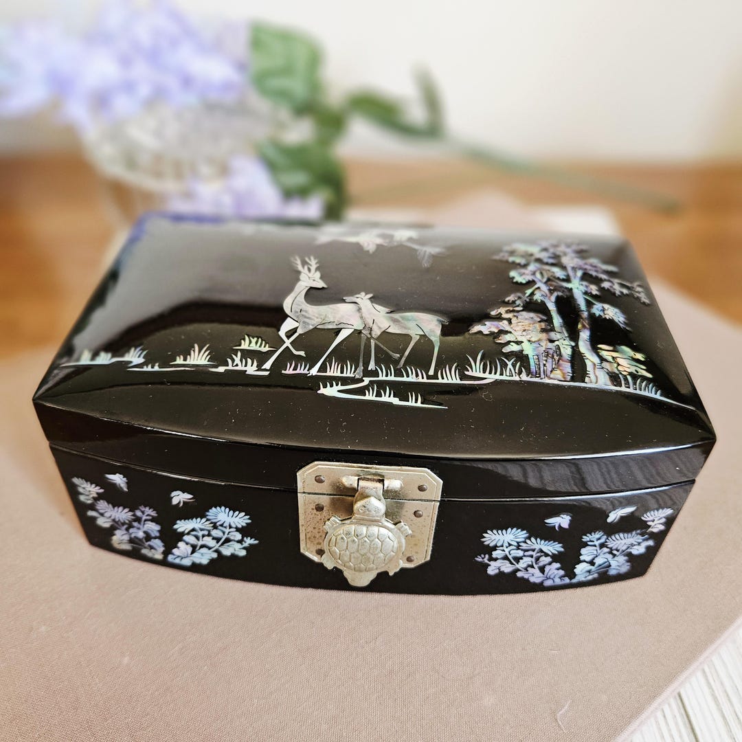 Black Laquer Asian Style Jewelry Box With Abalone Inlay Vintage - Etsy