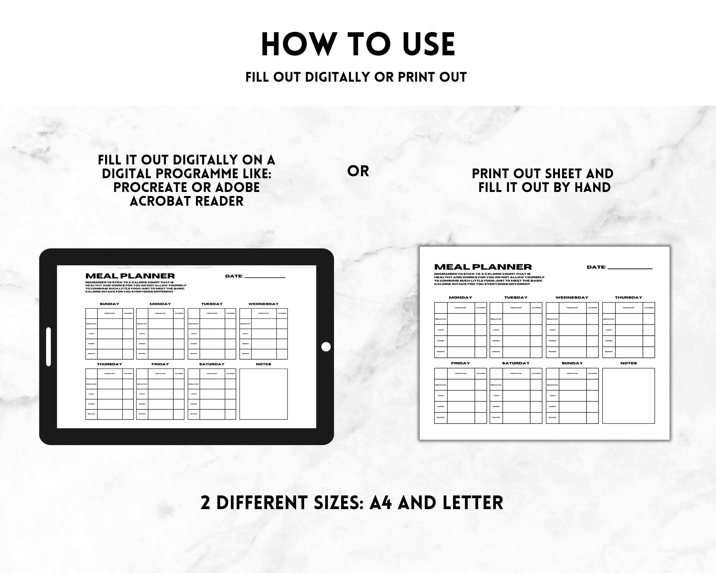 Landscape Weekly Meal Planner Printable, Food Diary, Meal Tracker ...