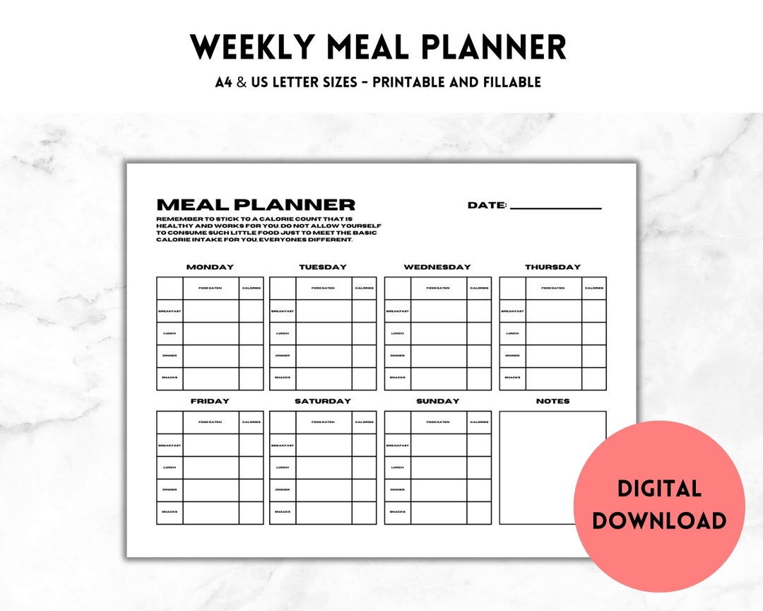 Landscape Weekly Meal Planner Printable, Food Diary, Meal Tracker ...