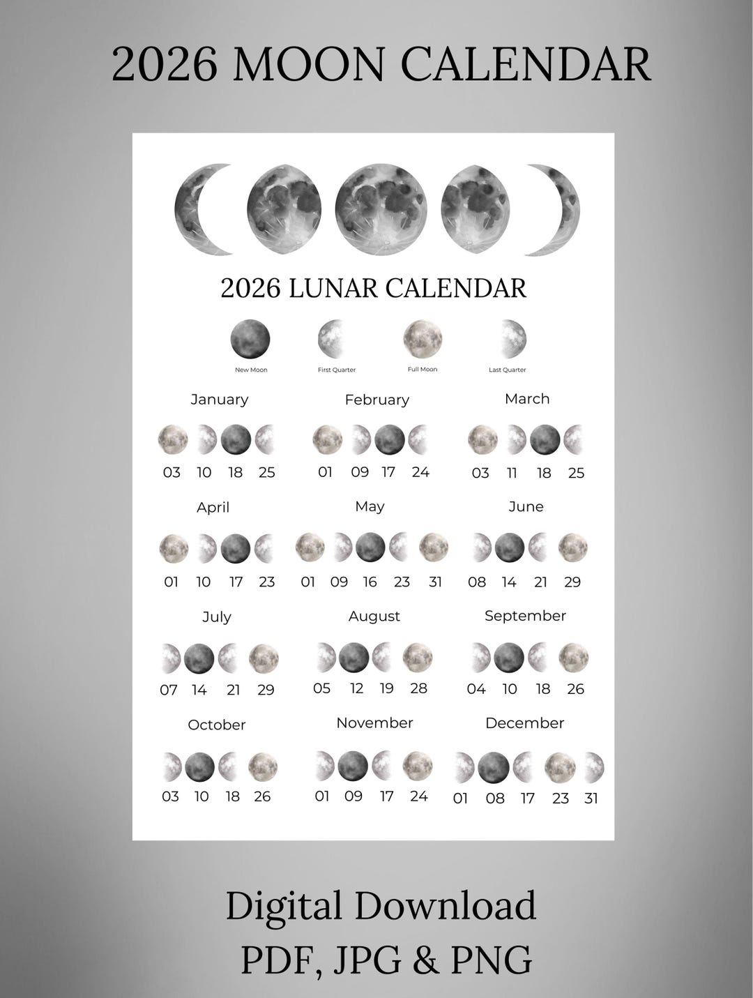 2026 Lunar Calendar - Witches, Rituals, Wicca - PDF & PNG Digital ...