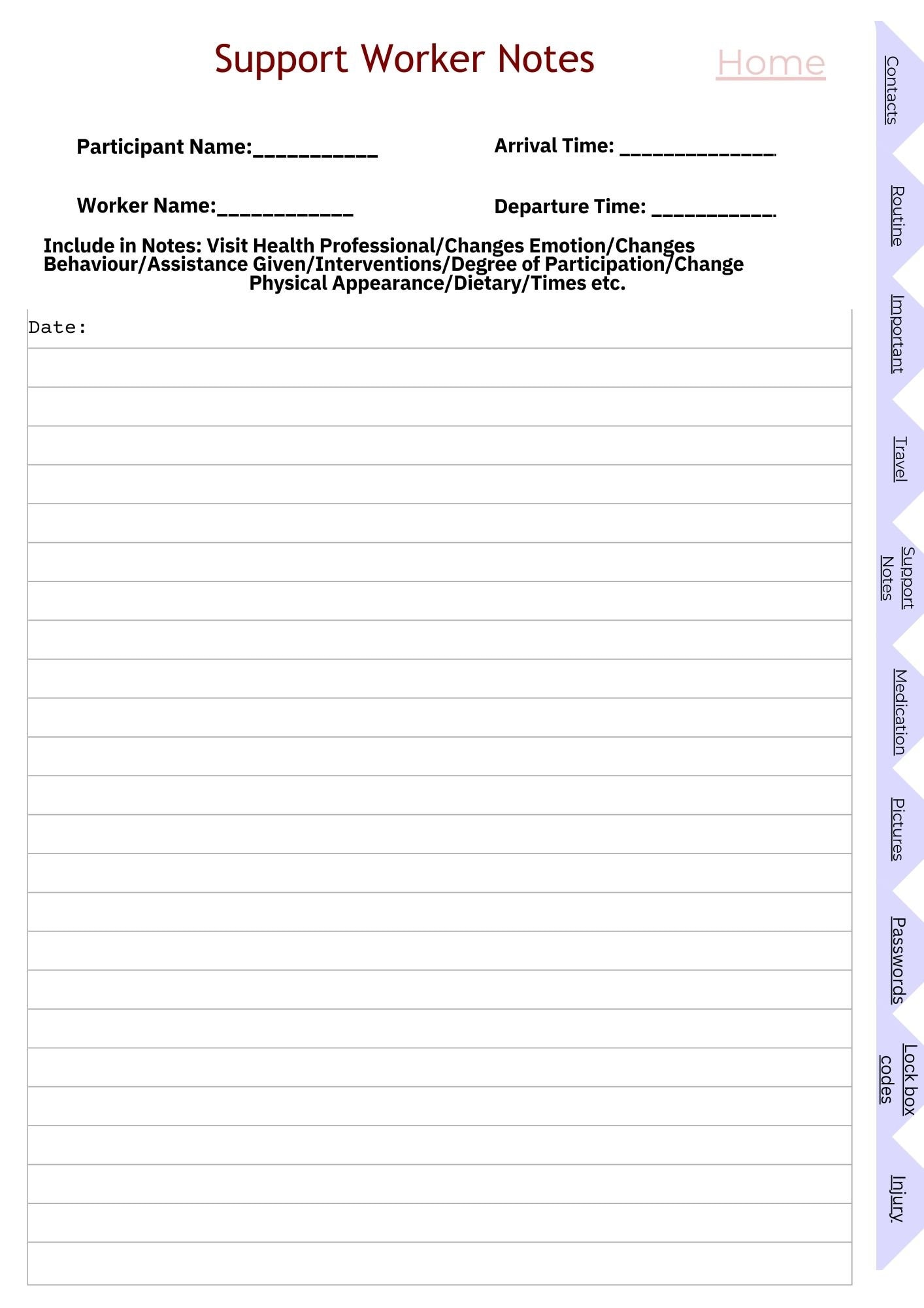 Fully Customizable Template, New Edition, Support Worker Notes Use in ...