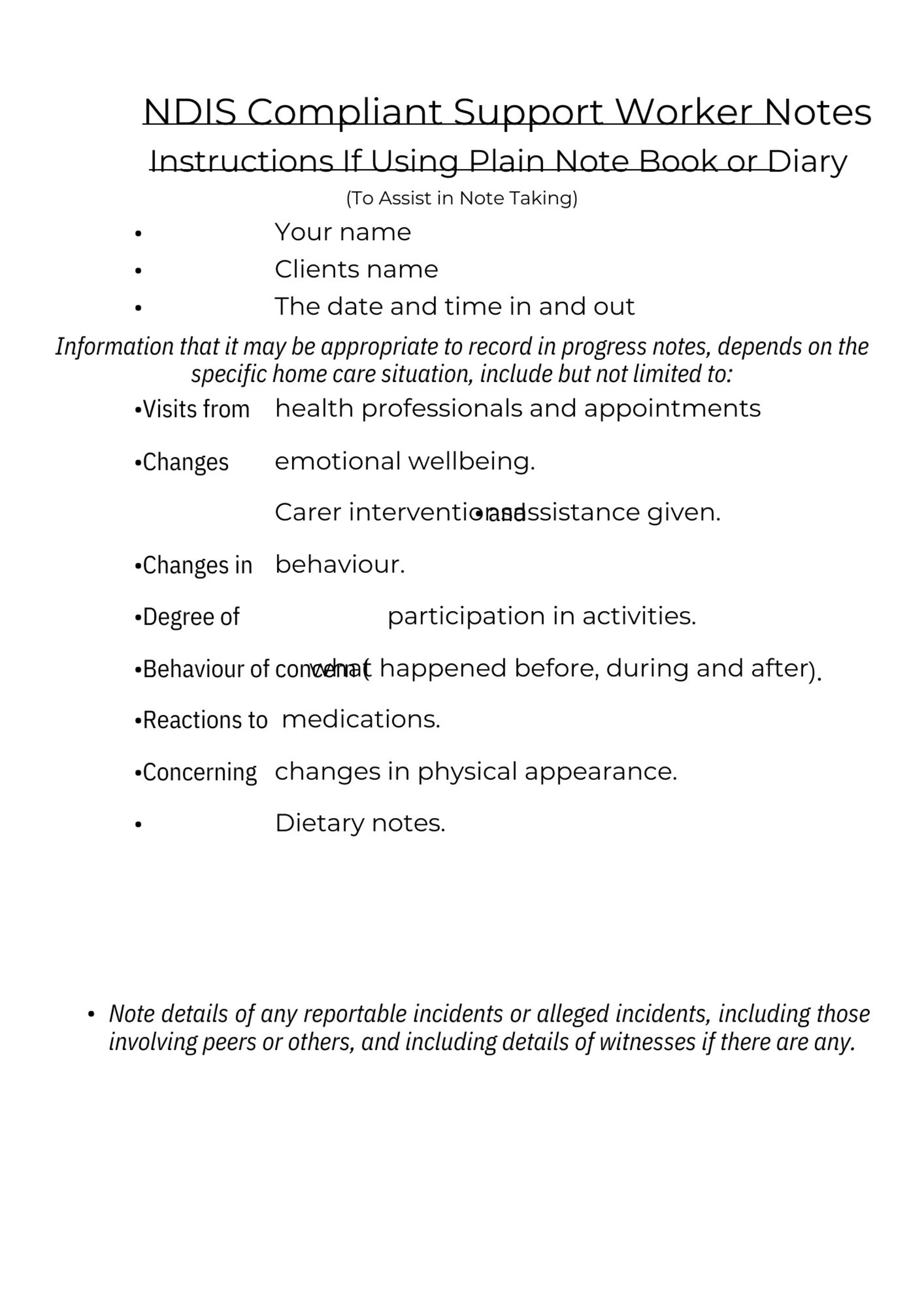 New Client Notes, Docx, Disability, Aged Care, NDIS, Support Work, Co ...