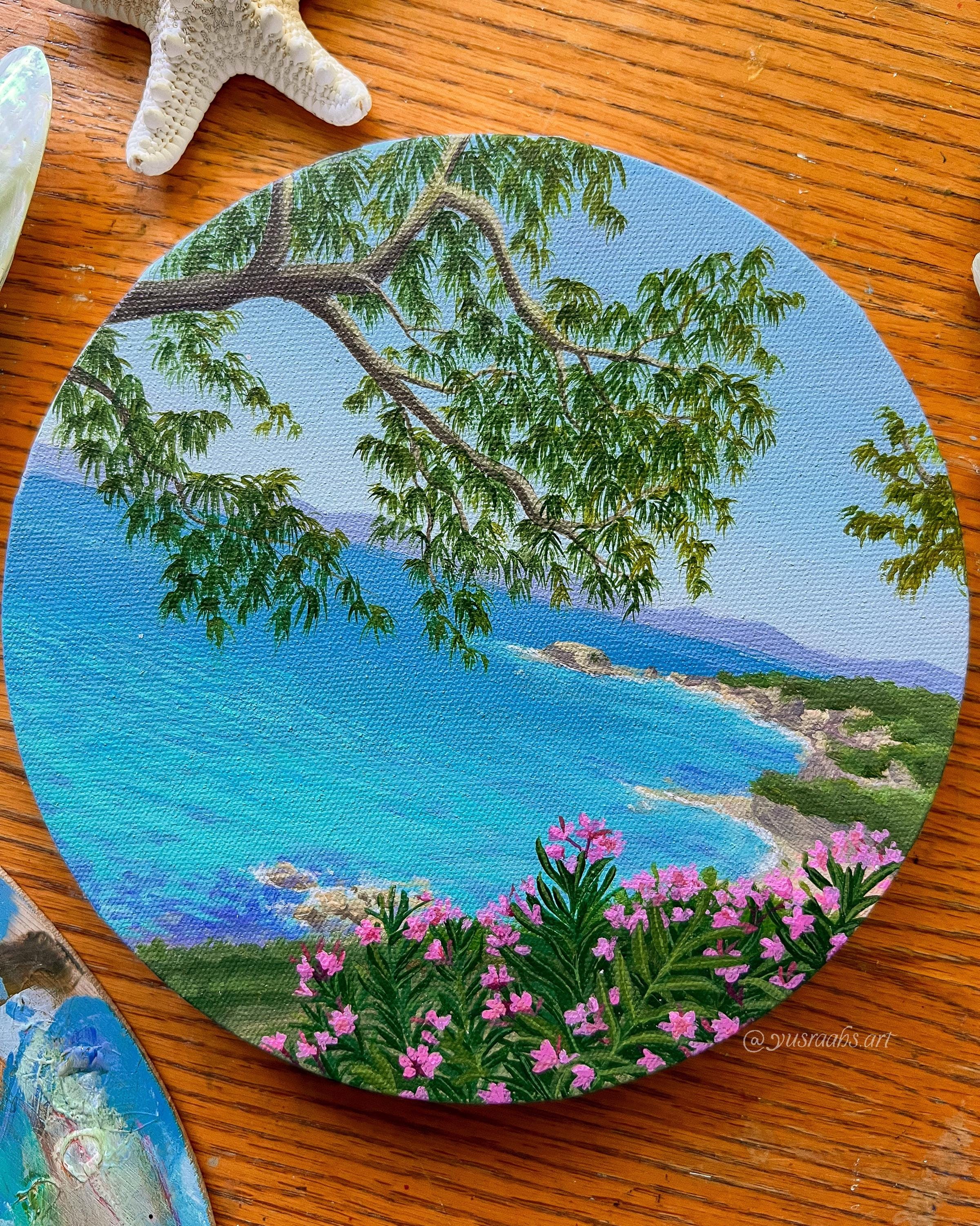 Ocean Acrylic Painting on Round Canvas | Mediterranean Coastal Art ...