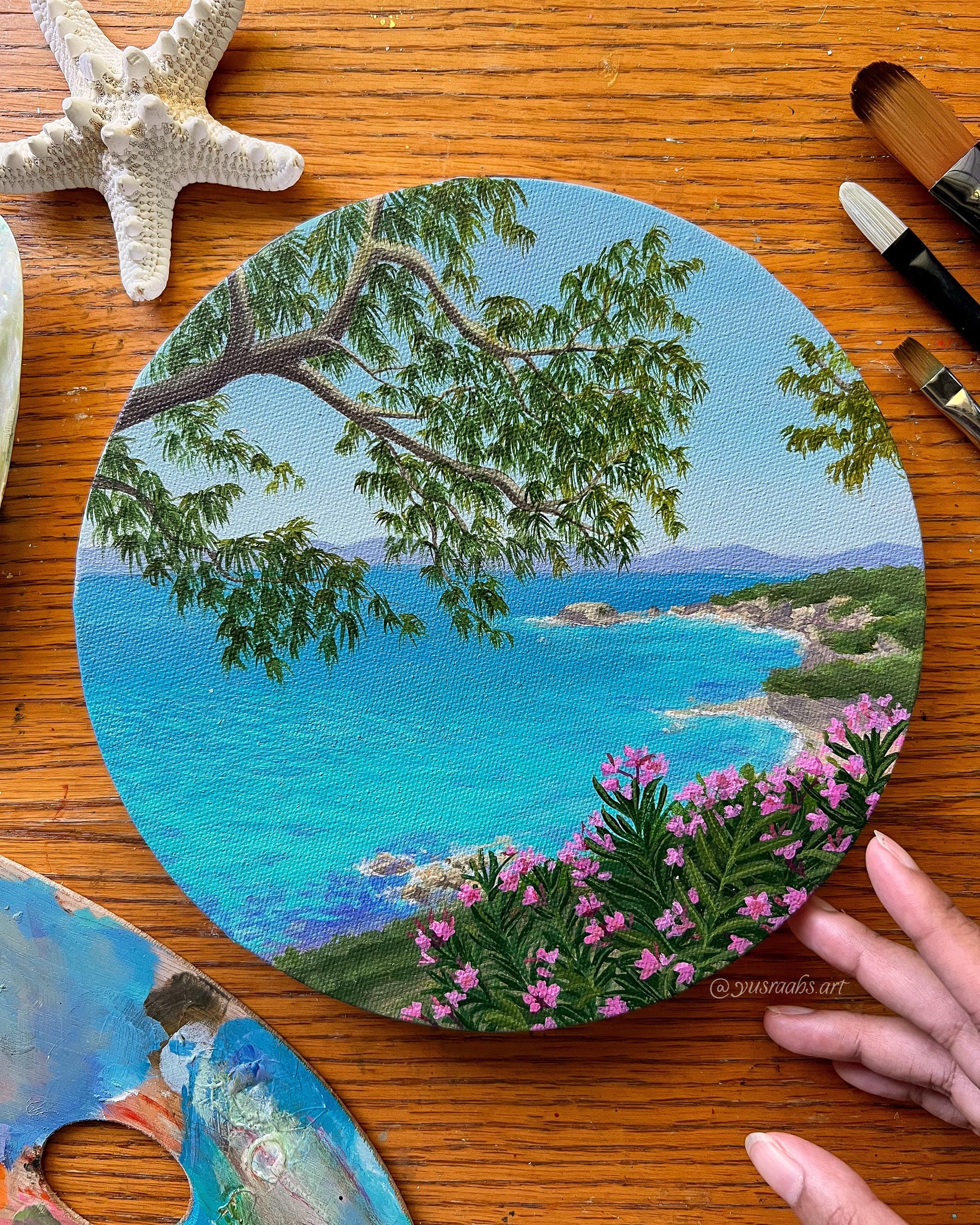 Ocean Acrylic Painting on Round Canvas | Mediterranean Coastal Art ...