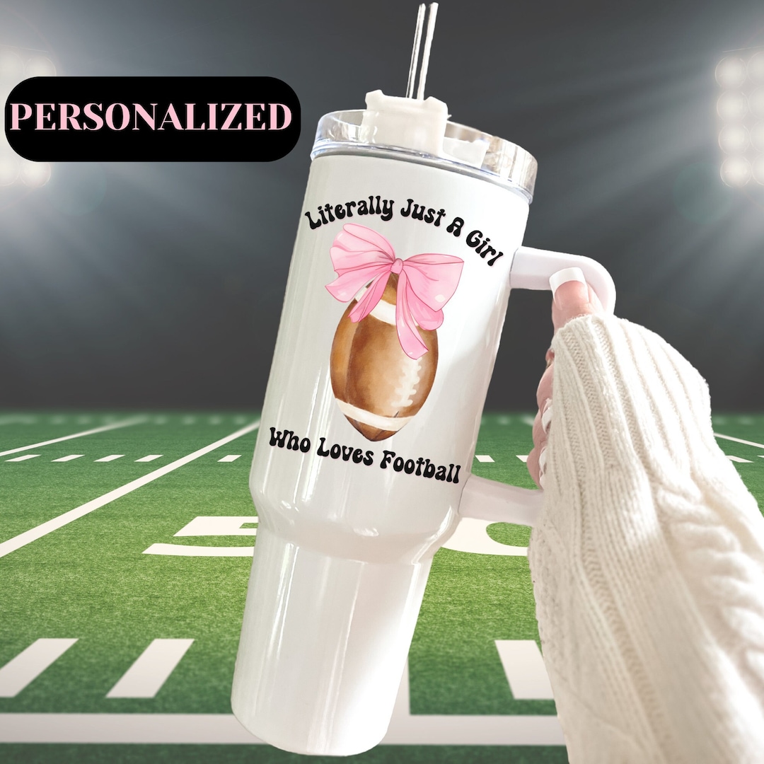 Girly Football Travel Mug - Personalized Coquette Aesthetic Football ...