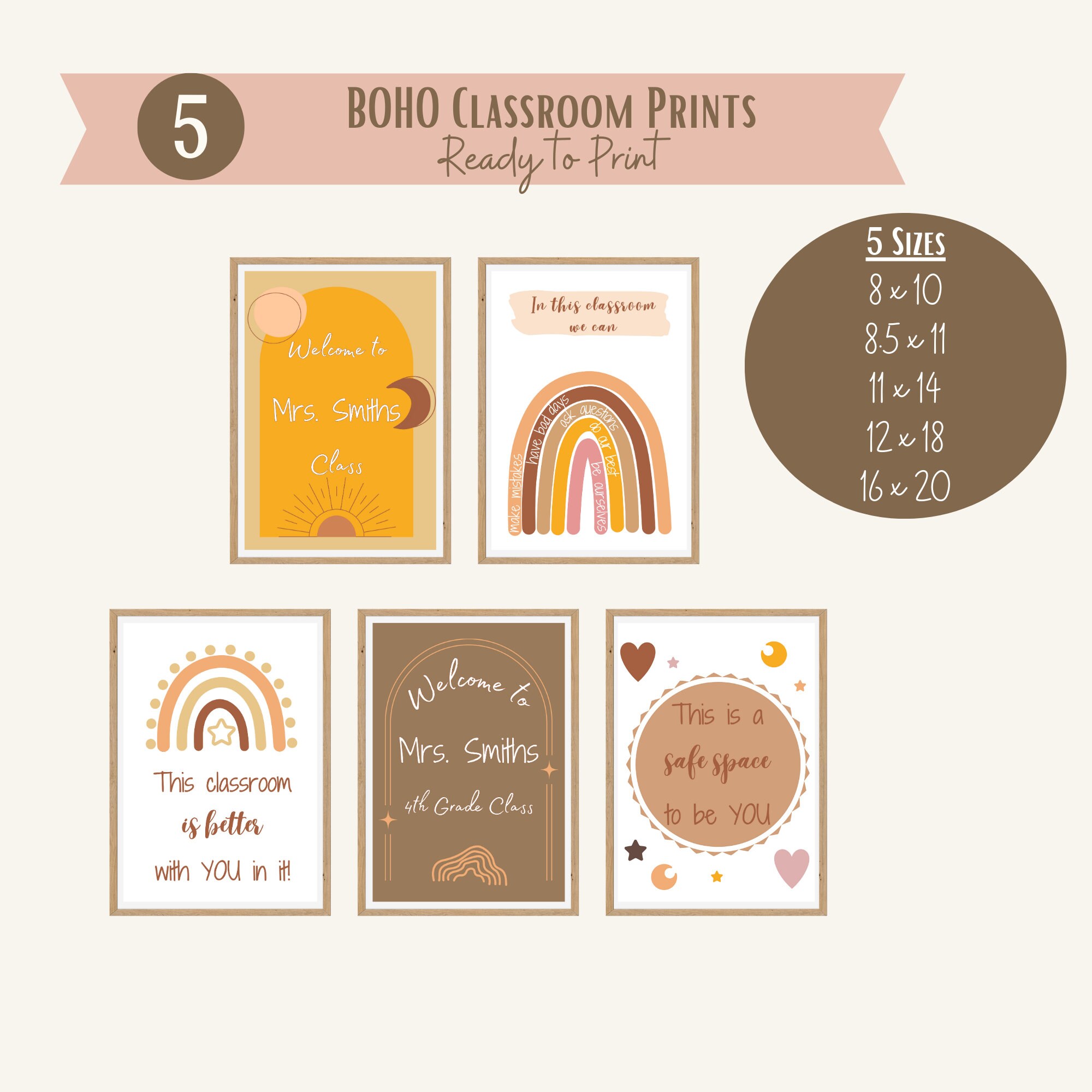 5 Boho Classroom Prints, 2 Editable Door Signs, Homeschool Decor ...