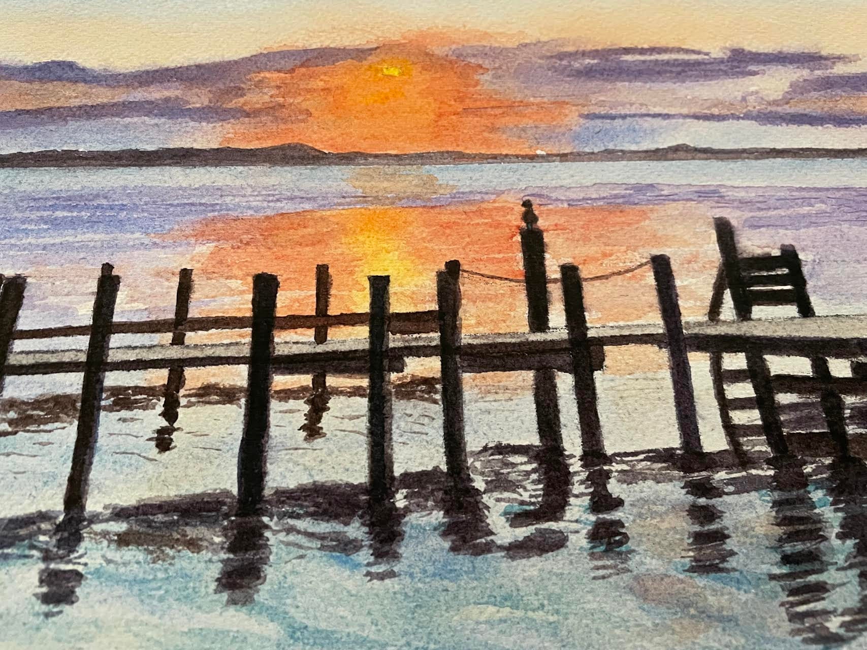 Sunset Dock Watercolor Print, Ocean Sunset Fine Art Print, Gift Idea ...