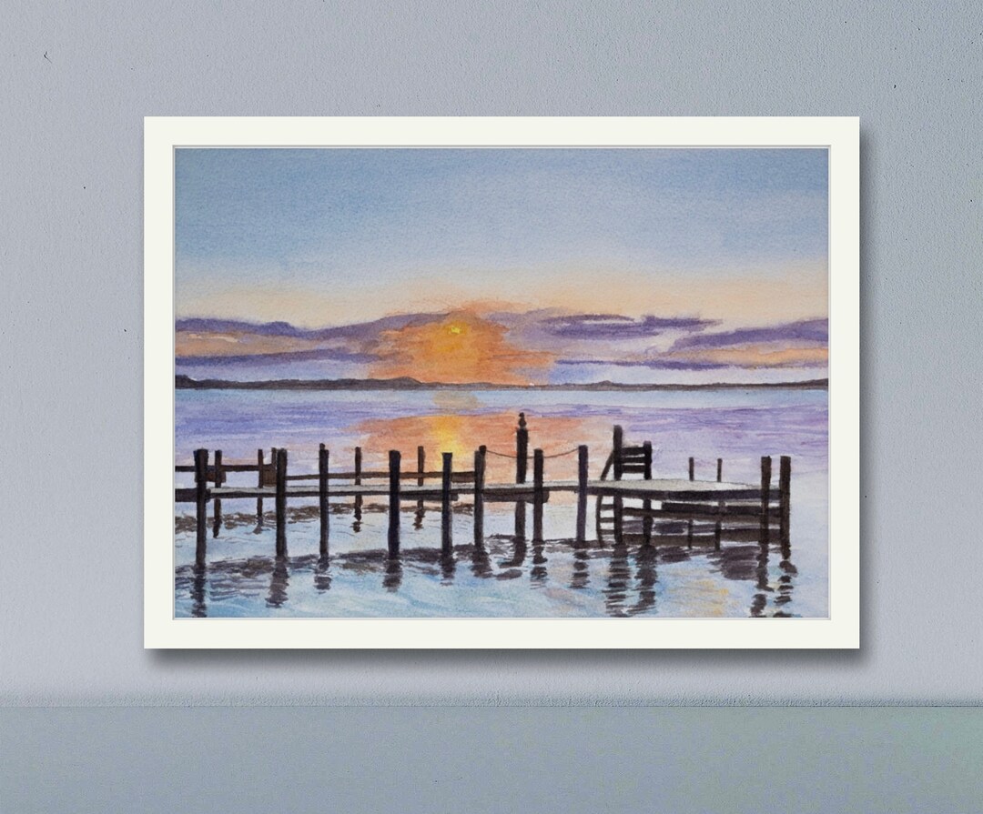 Sunset Dock Watercolor Print, Ocean Sunset Fine Art Print, Gift Idea ...
