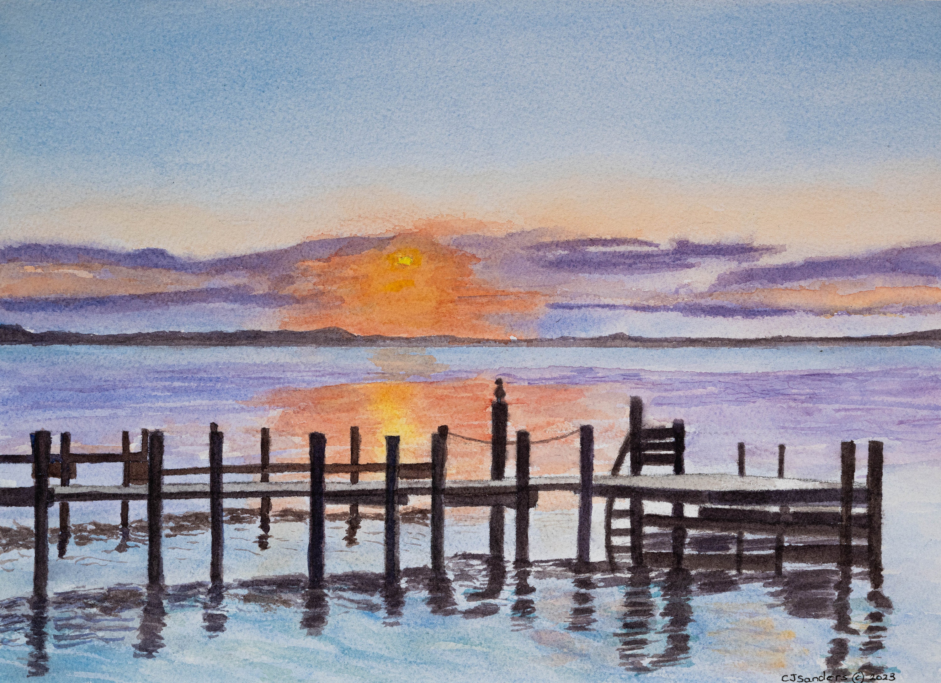 Sunset Dock Watercolor Print, Ocean Sunset Fine Art Print, Gift Idea ...