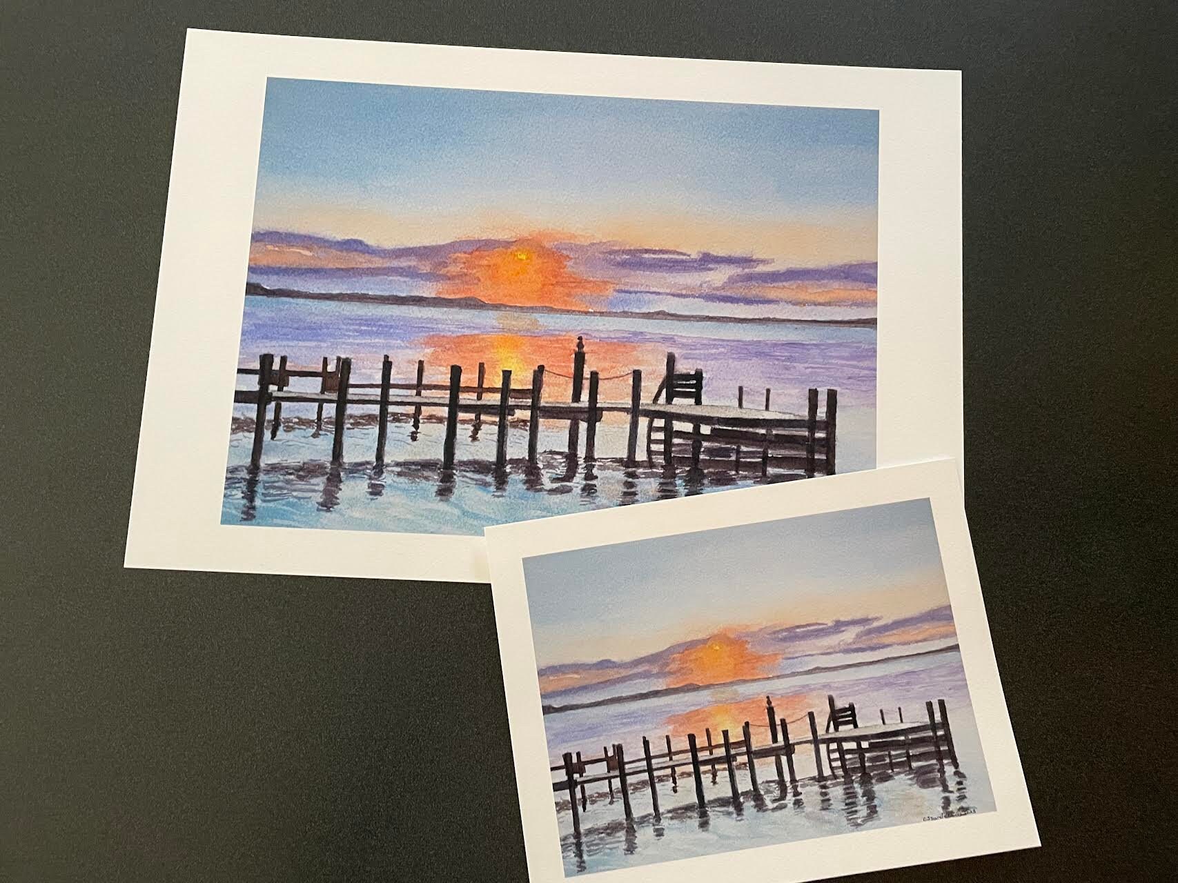 Sunset Dock Watercolor Print, Ocean Sunset Fine Art Print, Gift Idea ...