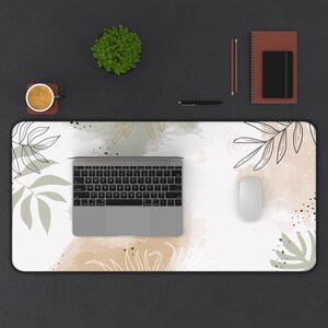 Beige Leafy Watercolor Desk Mat 3 Sizes Minimalist Large Mouse Pad ...
