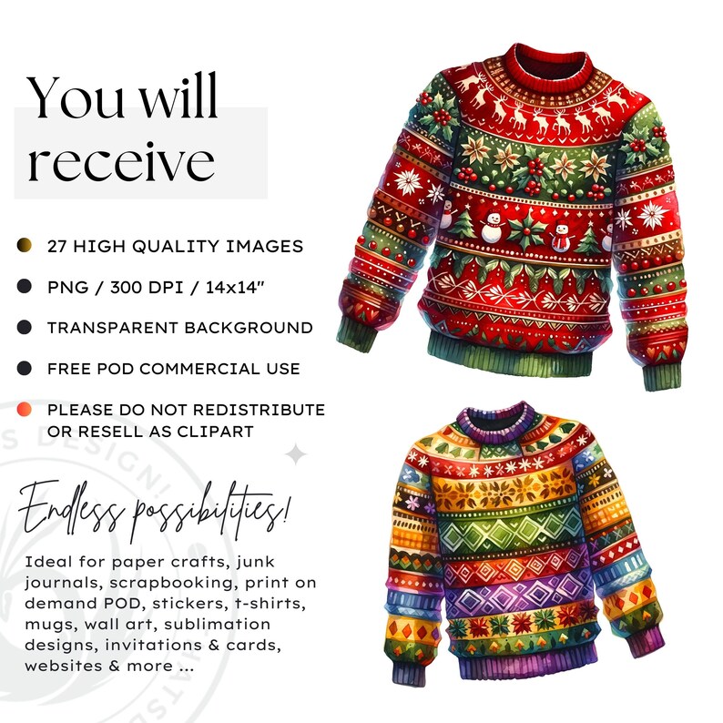 Watercolor Christmas Ugly Sweater Clipart: PNG Jumper Designs ...