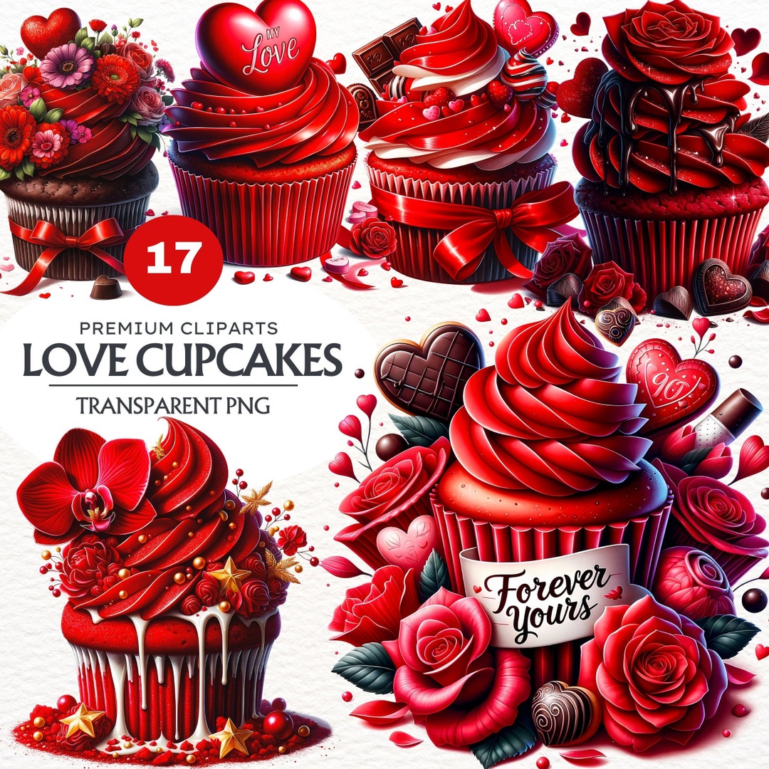 Red Valentines Cupcake Clipart Bundle, Valentine Day Cupcake PNG ...