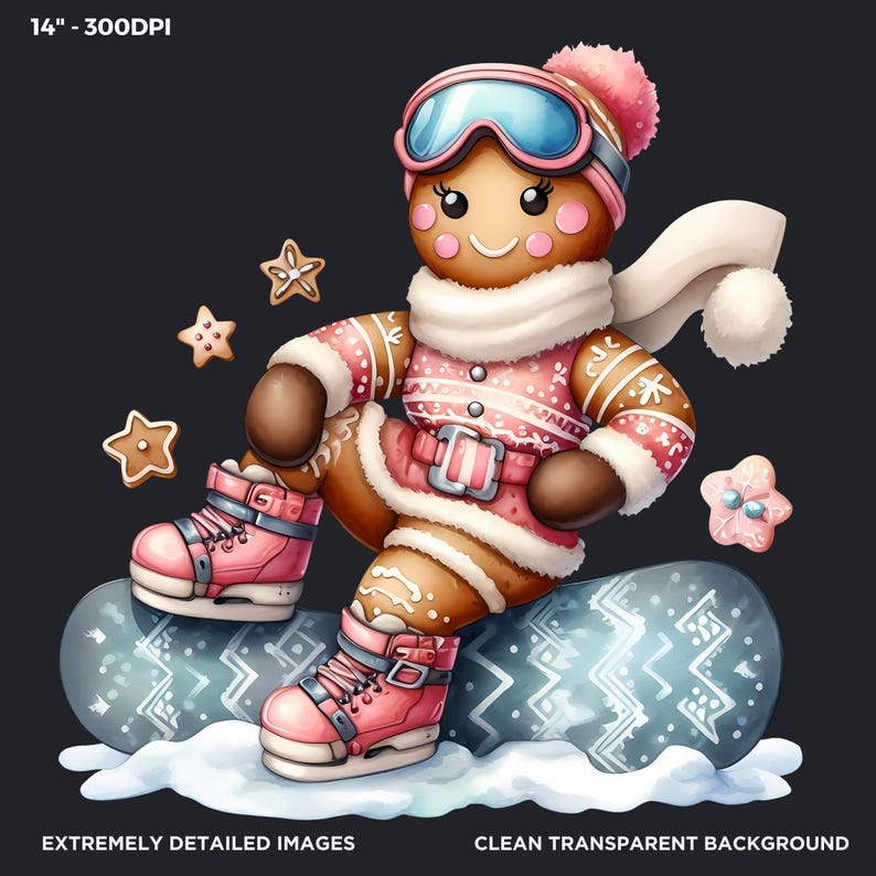 Gingerbread Man Winter Sports Clipart: Skiing & Snowboarding (53 PNG ...