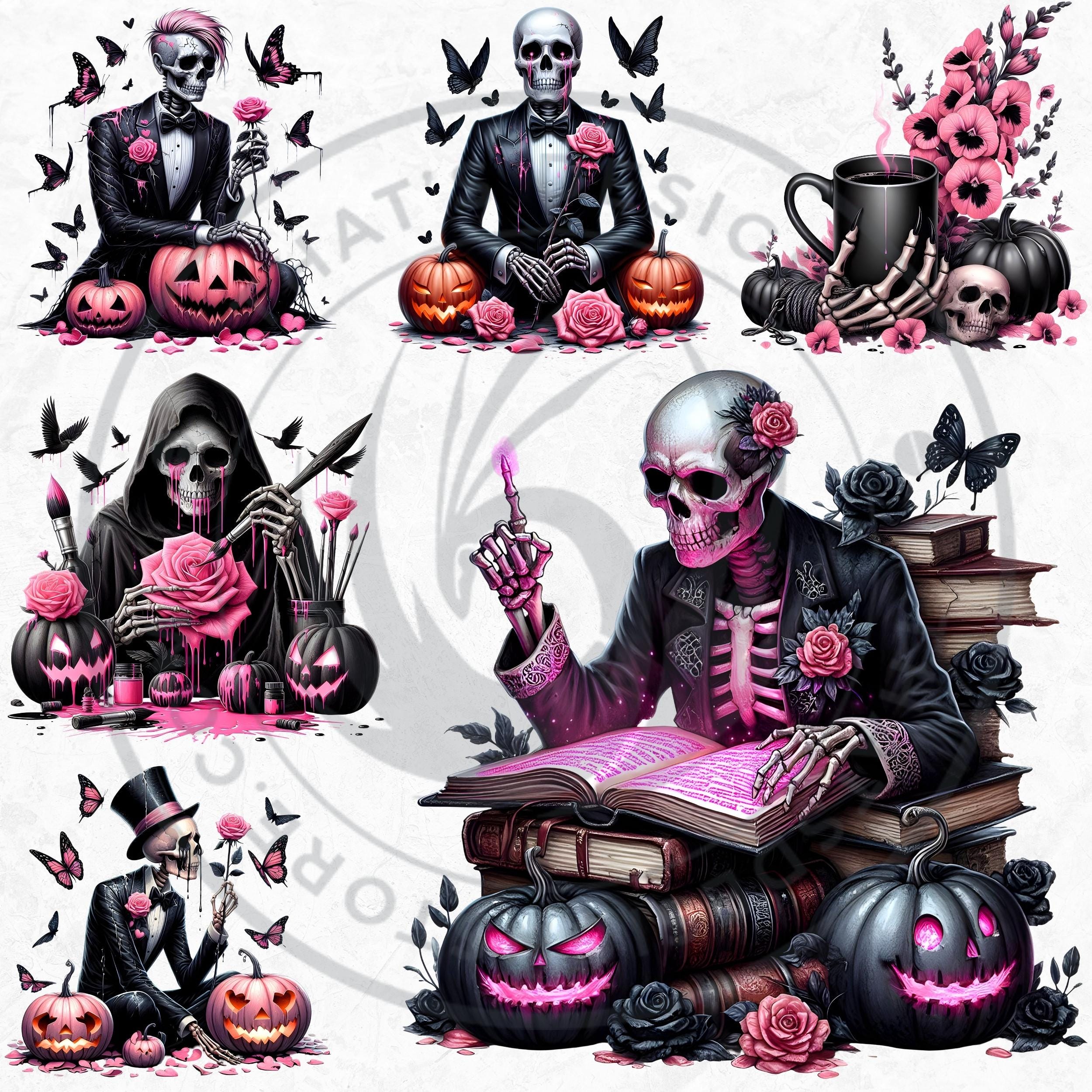 Pink Goth Halloween Skeletons Clipart: Macabre Queen & Reaper (PNG ...