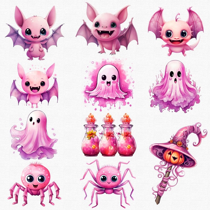 Watercolor Pink Halloween Clipart | 50 PNG Spooky Bundle (digital ...