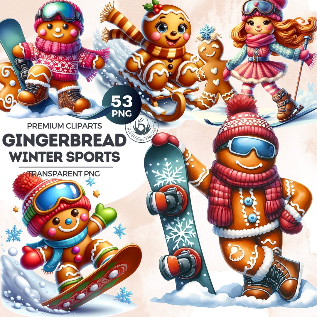 Gingerbread Man Winter Sports Clipart: Skiing & Snowboarding (53 PNG ...