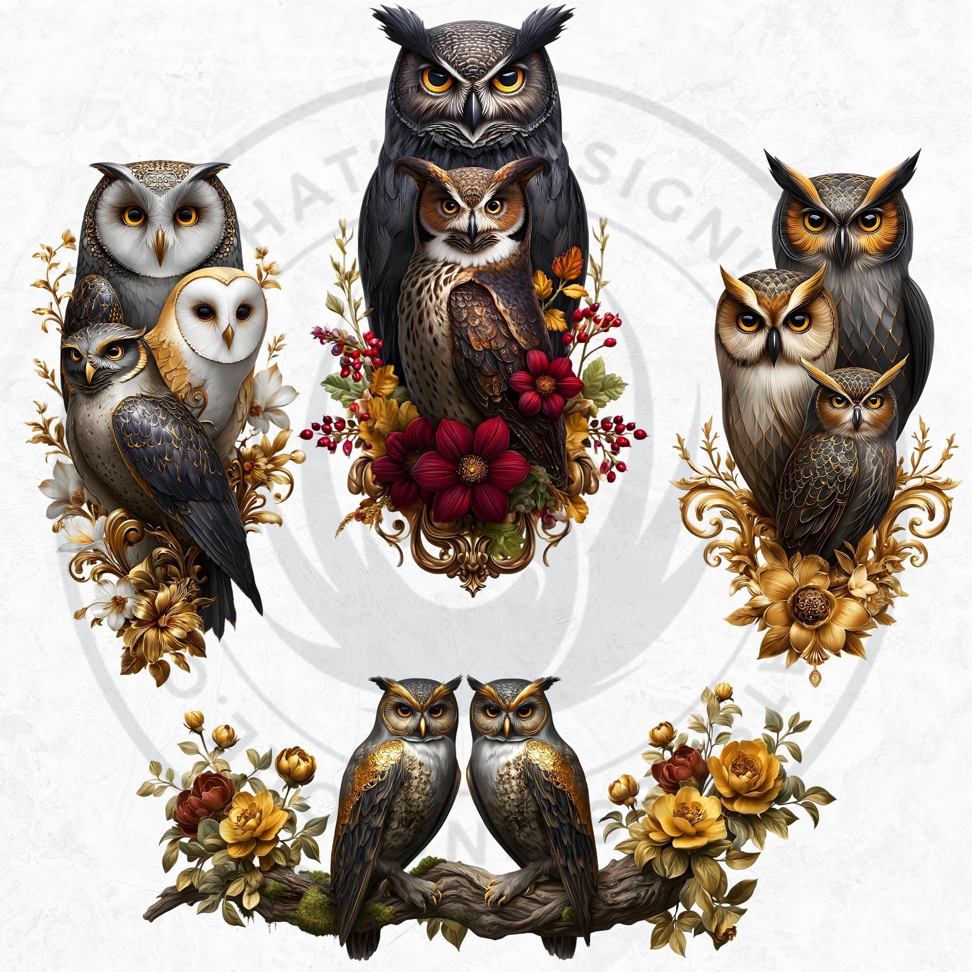 Floral Owls Clipart PNG, Fantasy Birds Graphics, Botanical Wildlife ...