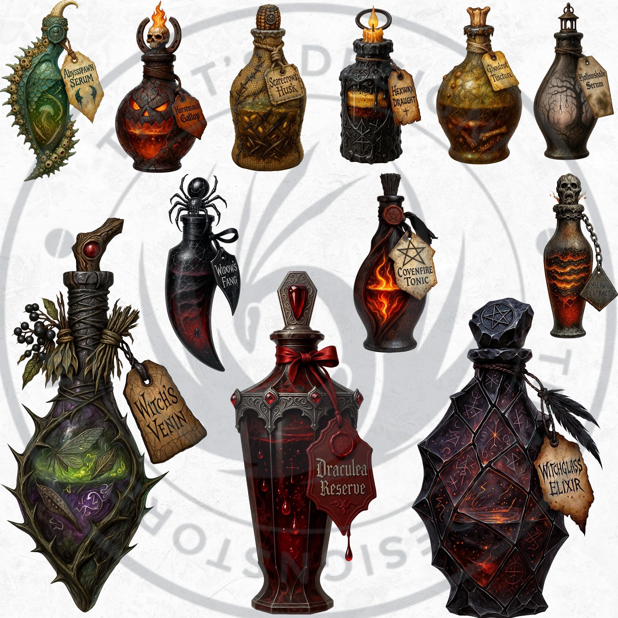 Halloween Potion Bottle Clipart Set: Witchcraft PNG Graphics ...