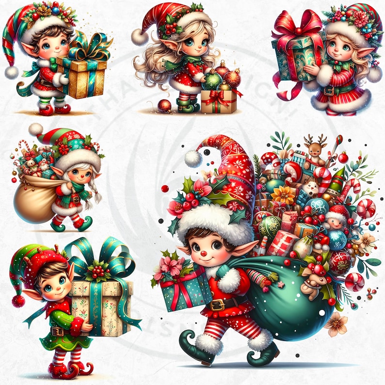 Christmas Elves Clipart: Festive PNG Designs, Winter Card Making ...