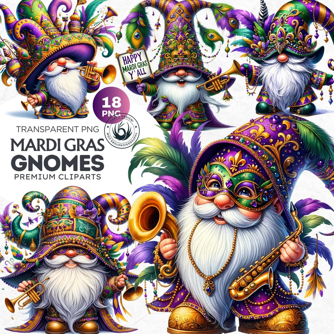 Watercolor Mardi Gras Gnomes Clipart: New Orleans PNG Set (digital ...