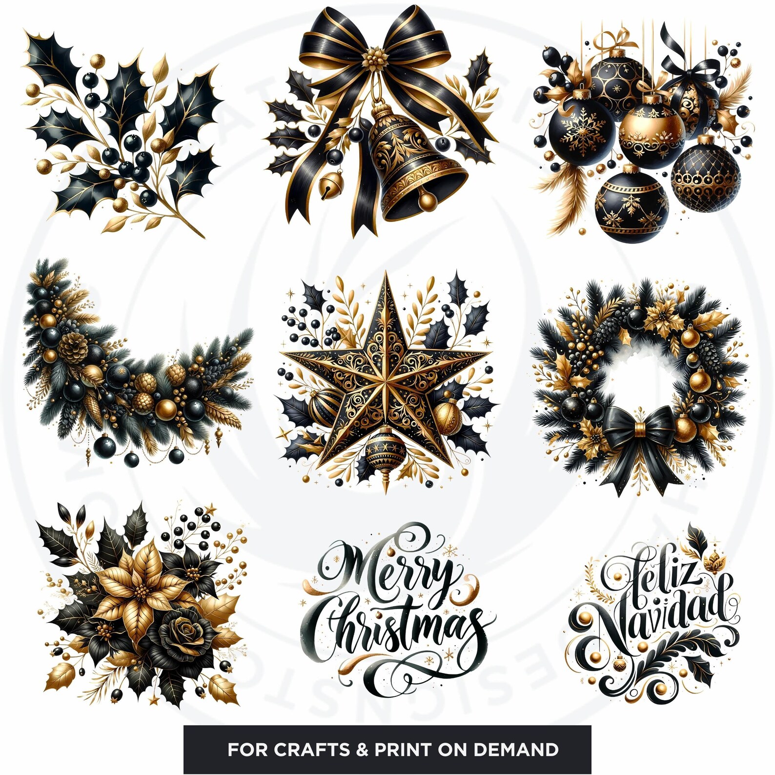Black & Gold Christmas Clipart Bundle: Watercolor PNG Designs - Etsy
