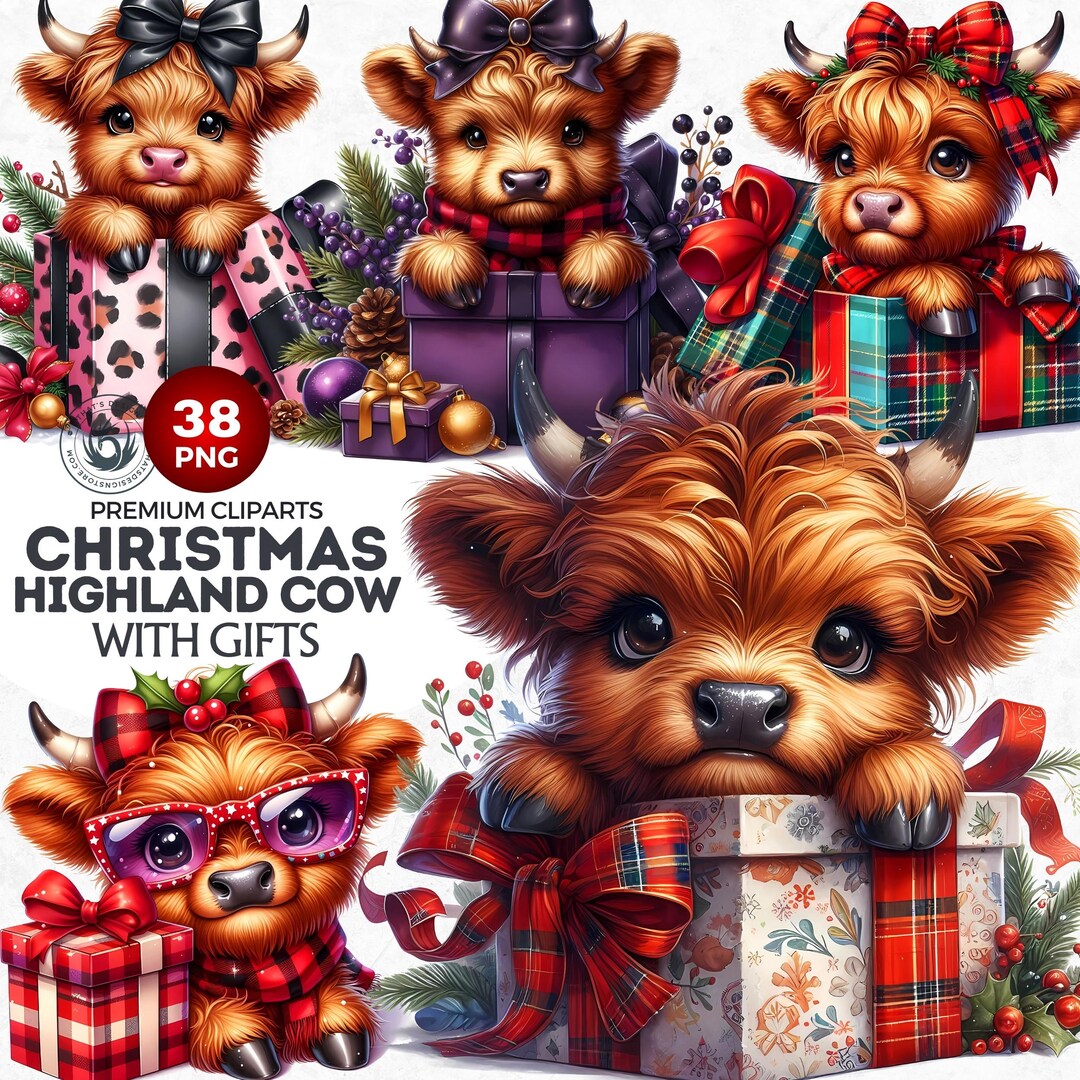 Watercolor Christmas Highland Cow and Gifts Clipart : Coquette Baby ...