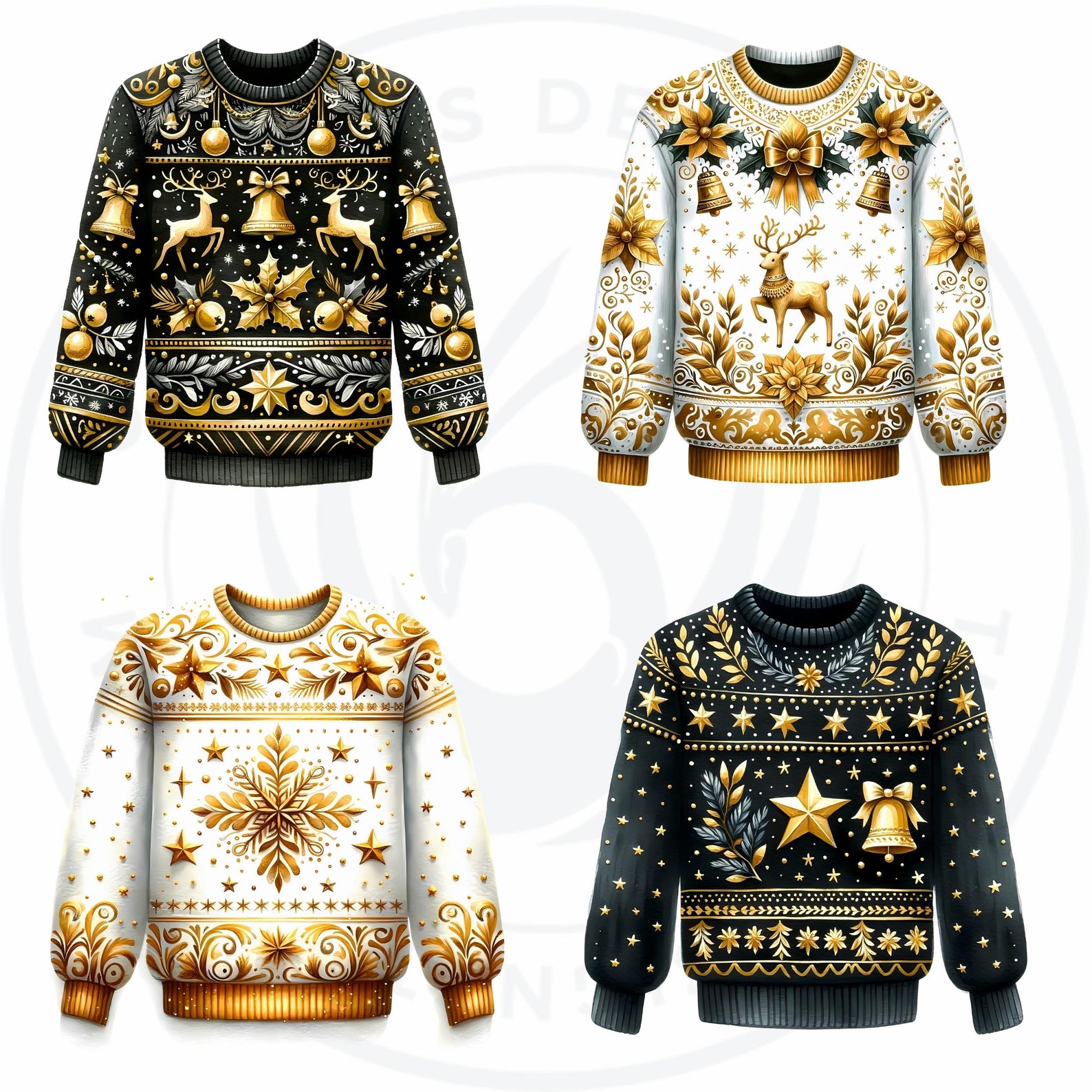 Watercolor Christmas Ugly Sweater Clipart: PNG Jumper Designs ...