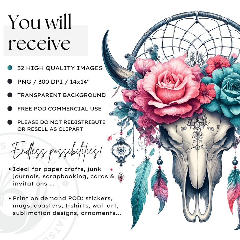 Boho Bull Skull Clipart: Western Floral PNG Set, Cow Art (digital ...