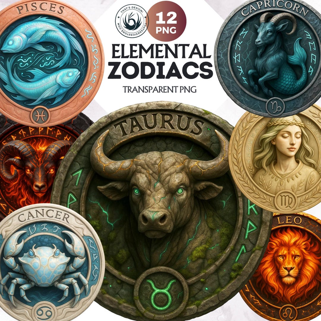 Elemental Zodiac Clipart Bundle: Rune Stone Horoscope, Fantasy RPG Coin ...