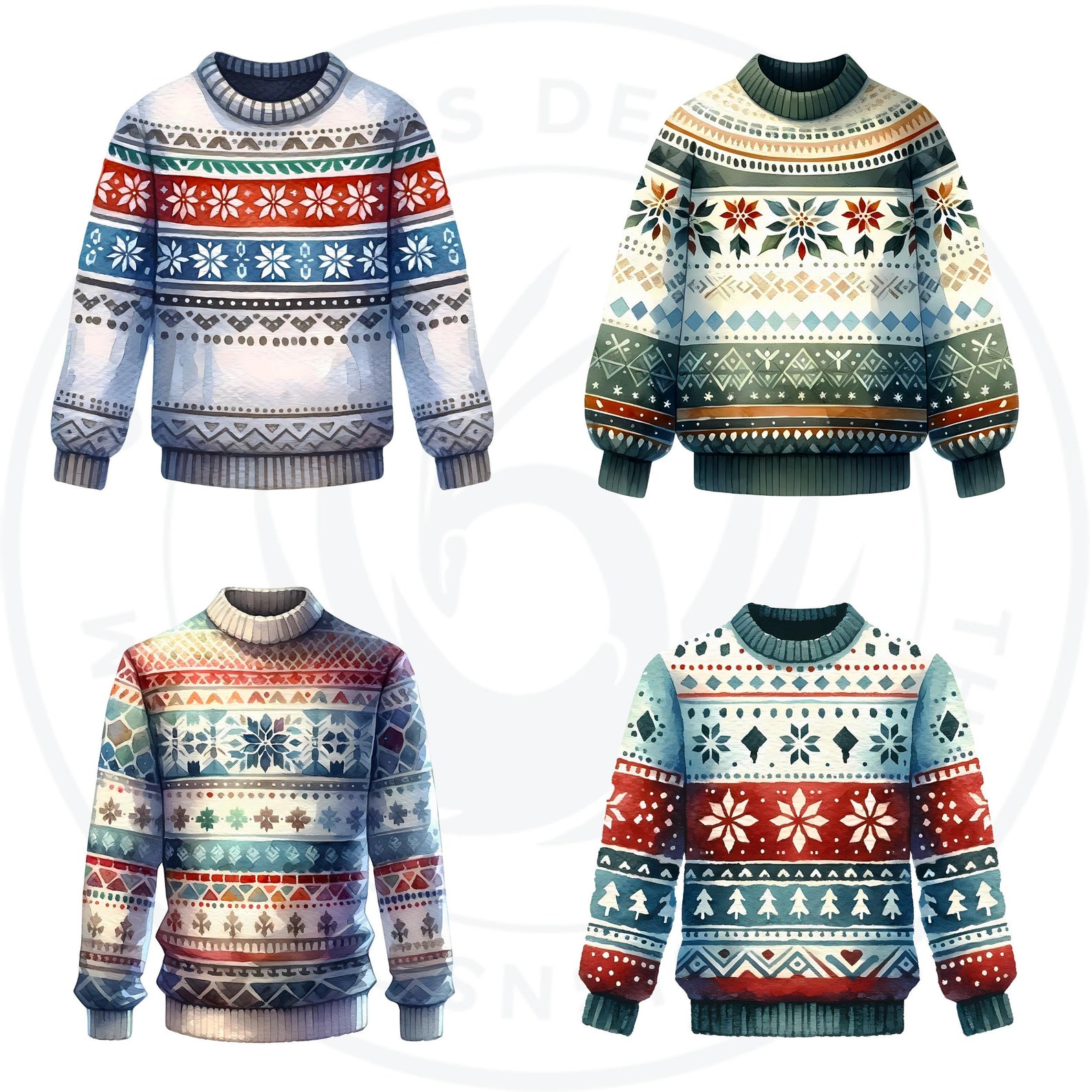 Watercolor Christmas Ugly Sweater Clipart: PNG Jumper Designs ...