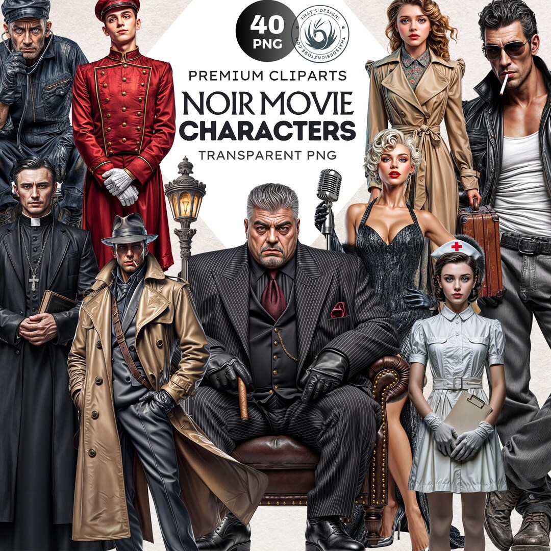 Noir Movie Characters Clipart: 1940s Detective, Gangster & Femme Fatale ...