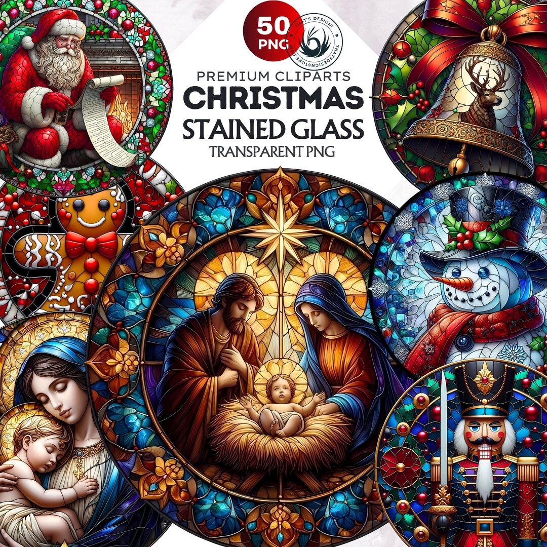 50 Christmas Stained Glass Clipart: Round Ornaments PNG Set, Nativity ...