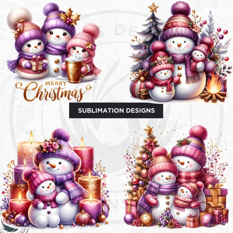 Purple and Gold Snowman Clipart Bundle: Festive Winter & Christmas PNG ...